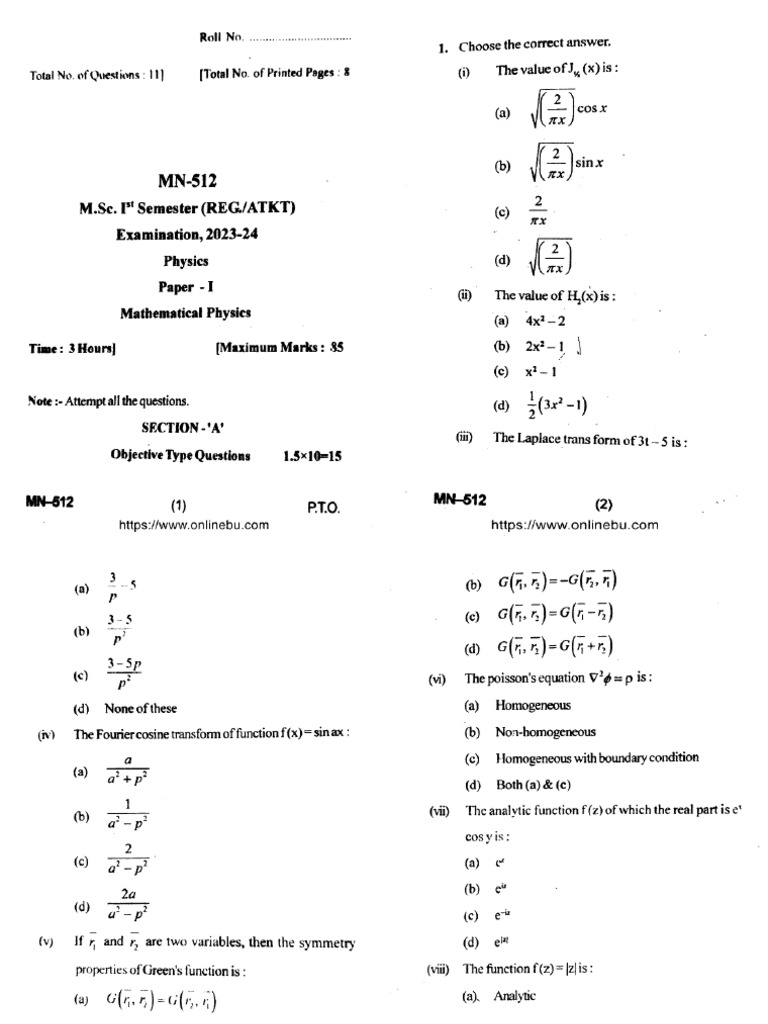 MSC 1 Sem Physics p1 Mathematical Physics MN 512 2024 | PDF