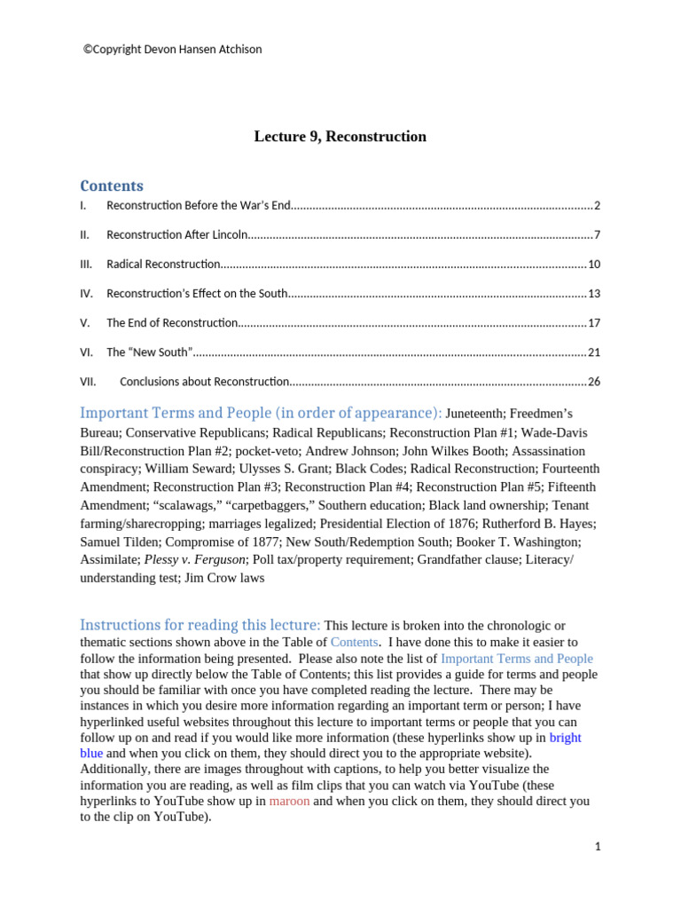 Lecture 9, Reconstruction | PDF | Reconstruction Era | Abraham Lincoln