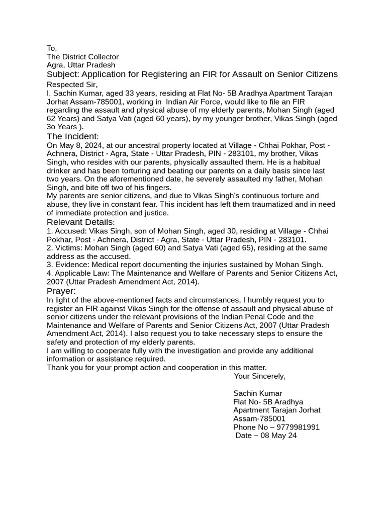 FIR Application for Assault on Seniors | PDF | Crimes | Crime & Violence