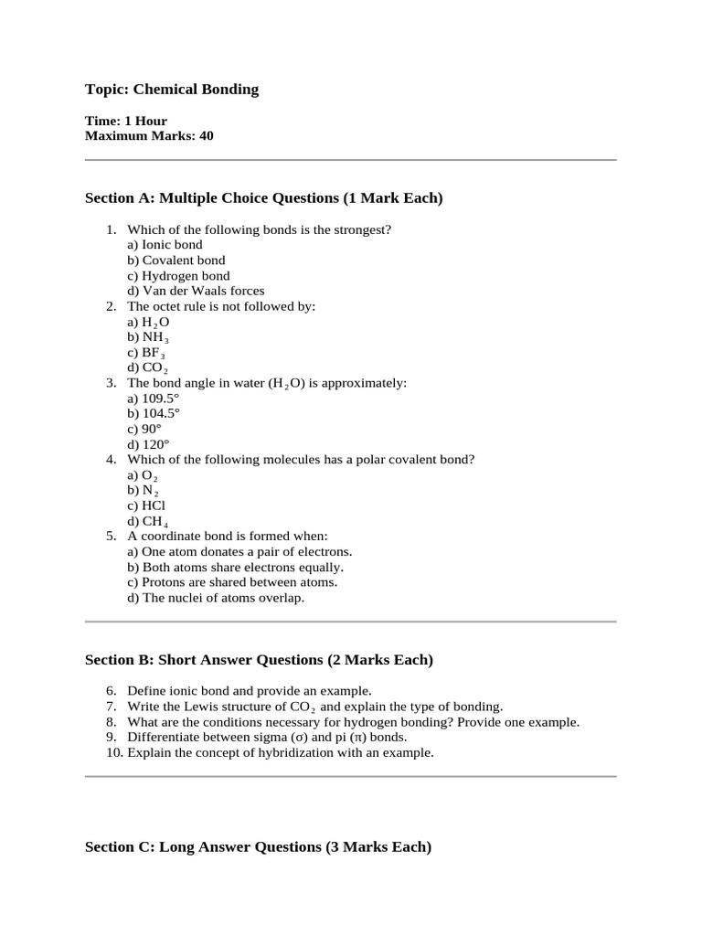 Chemical Bonding Test Paper | PDF