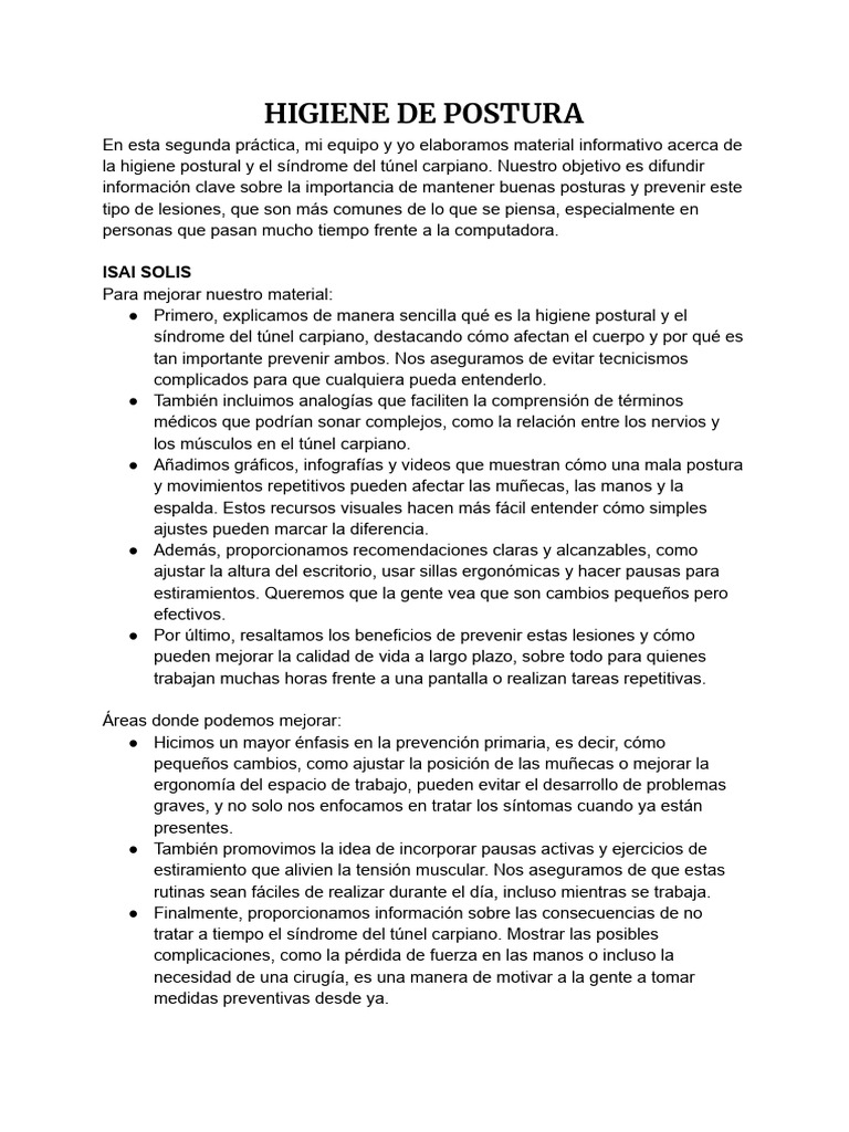Higiene de Postura | PDF | Síndrome del túnel carpiano | Dolor lumbar