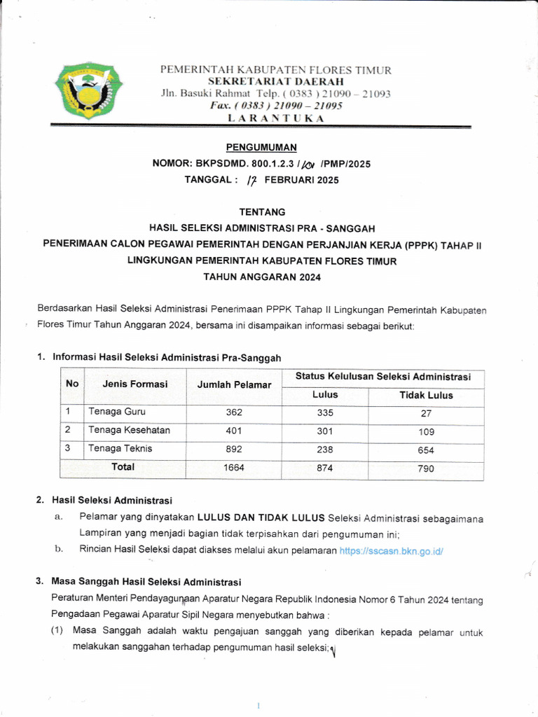 Pengumuman Seleksi Administrasi PPPK 2024 Tahap Ii Pra Sanggah | PDF