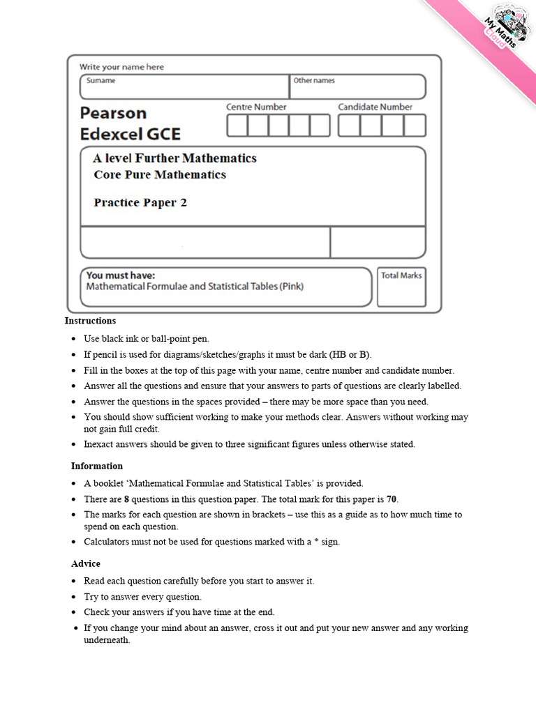 Core Pure Practice Paper 2 - For Teachers | PDF | Mathematics ...