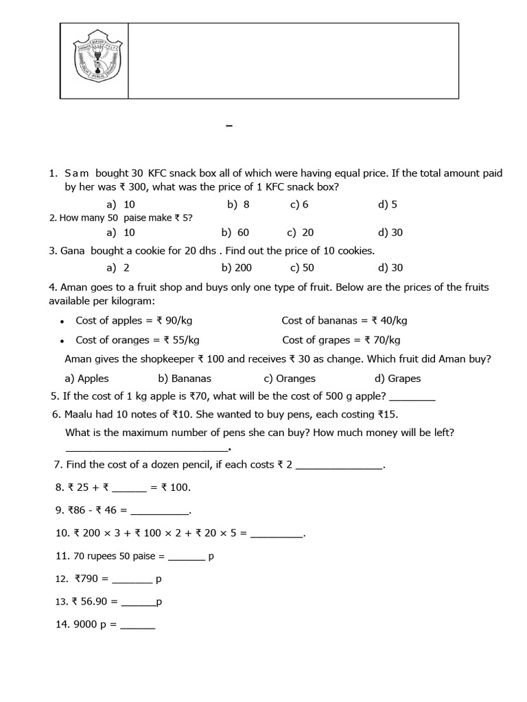 Grade 4 - Revision Worksheet 3 - Money | PDF | Clothing