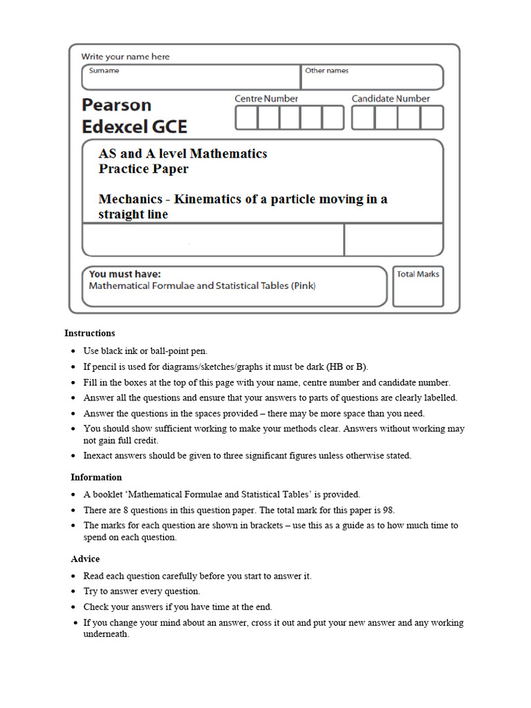 As Mathematics - Practice Paper - Kinematics of A Particle (Part 2 ...