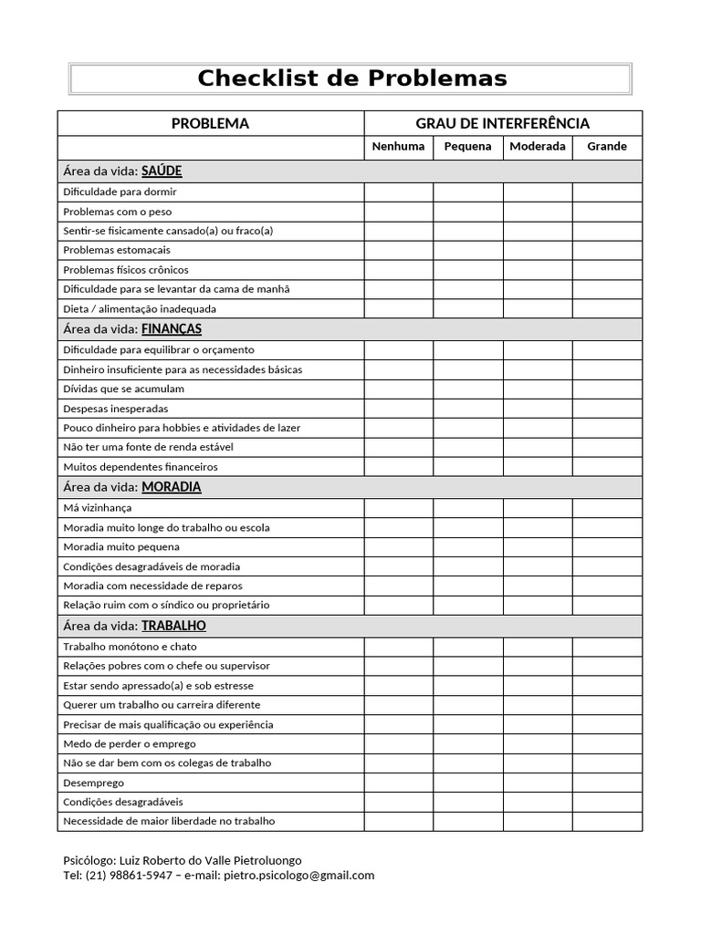 Checklist de Problemas para Auxiliar No Estabelecimento de Objetivos ...