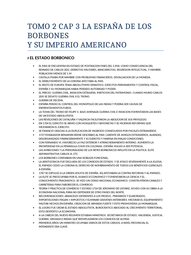 Tomo 2 Cap 3 La España de Los Borbones Resumen | PDF | Imperio español | España