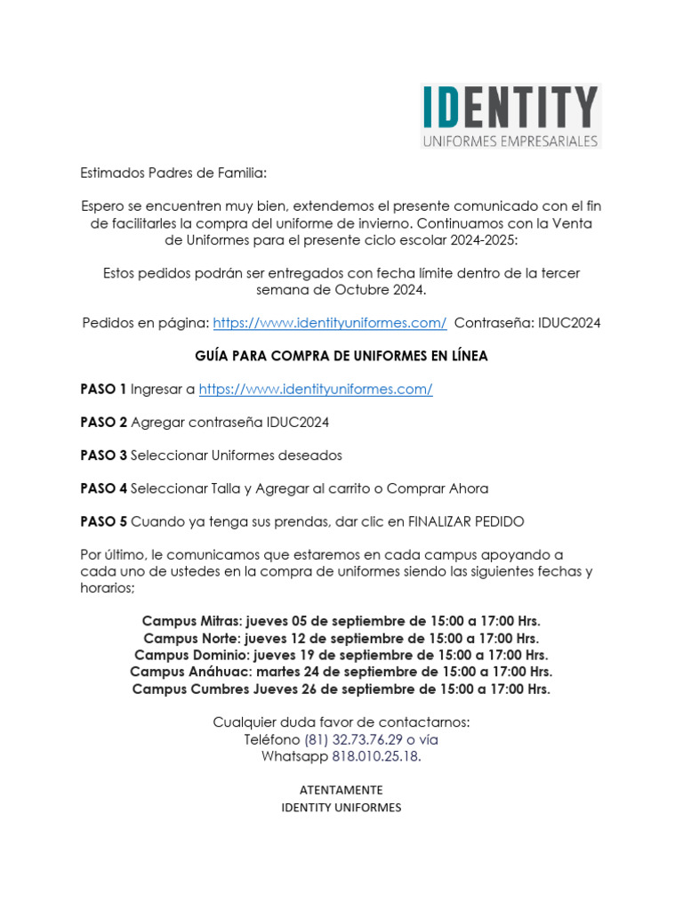 Comunicado Uniformes Cambridge 030924 | PDF