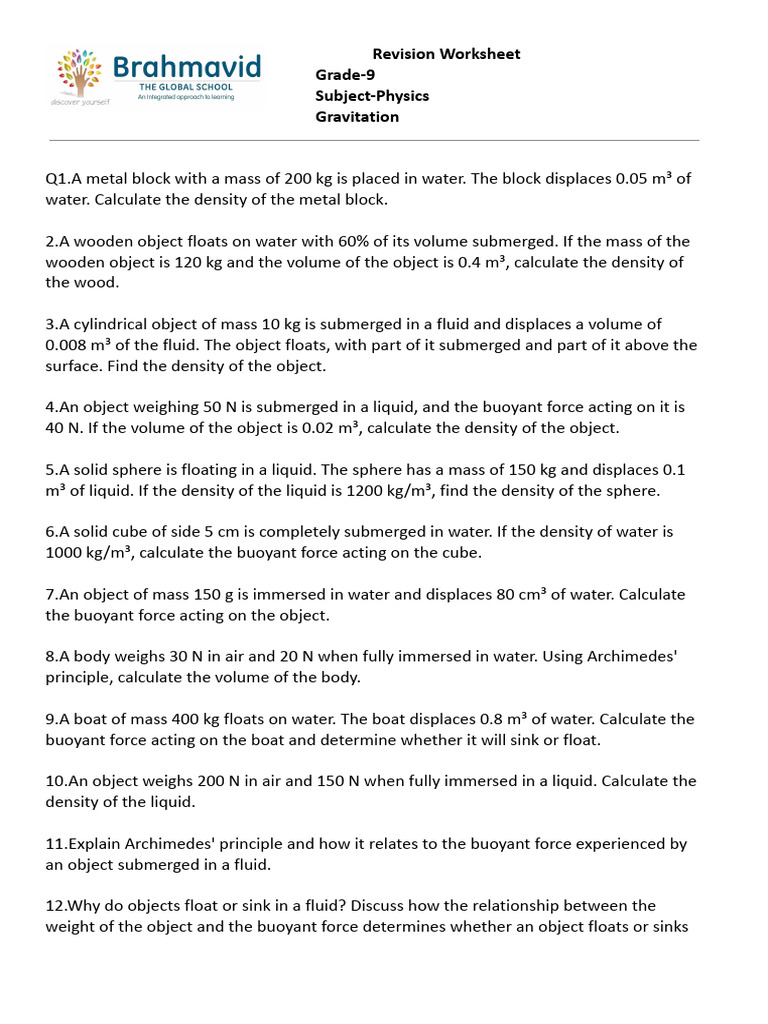 Revision Worksheet Gr9 Phy - Docx 1 | PDF | Buoyancy | Density