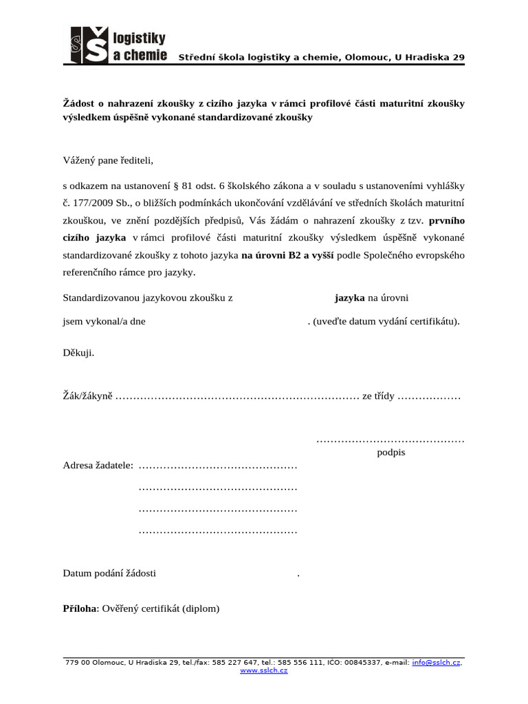 Zadost o Nahrazeni Zkousky Z Ciziho Jazyka | PDF