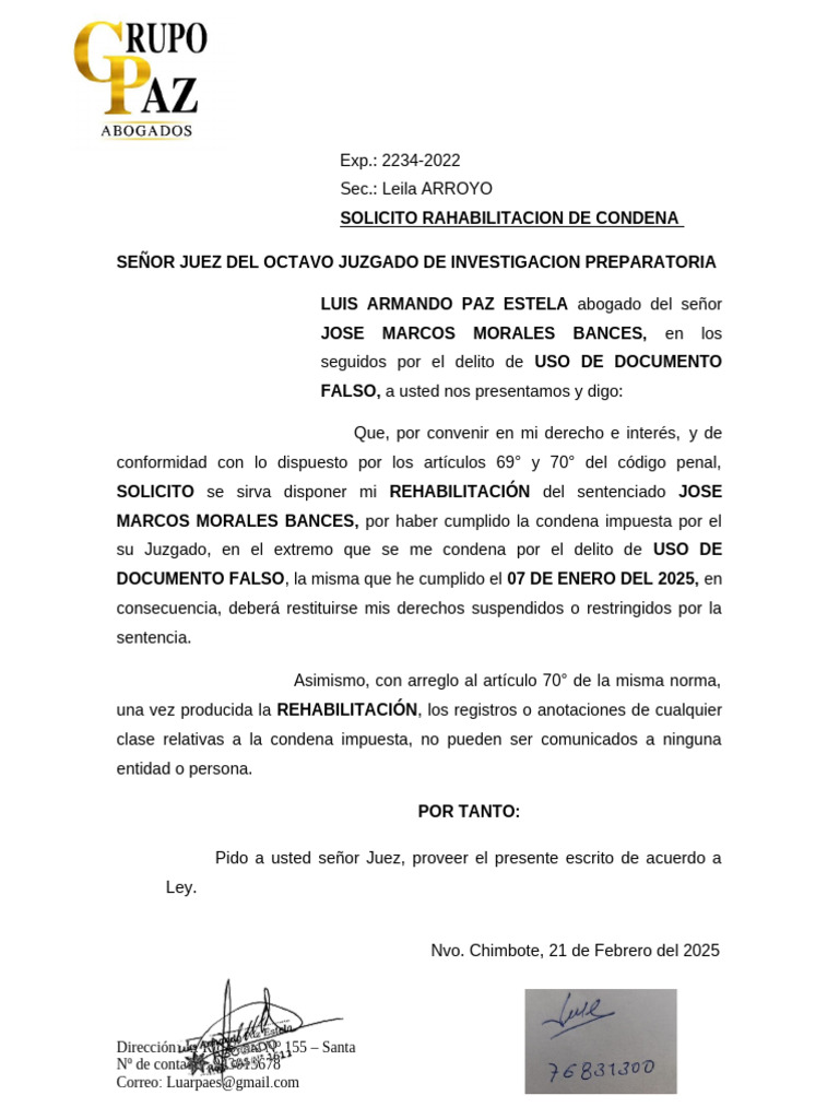 Solicito Rehabilitacion - Morales Bances | PDF