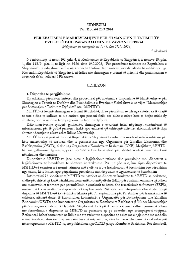 Udhëzimi Nr.11, datë 23.07.2024, Për zbatimin e marrëveshjeve për ...