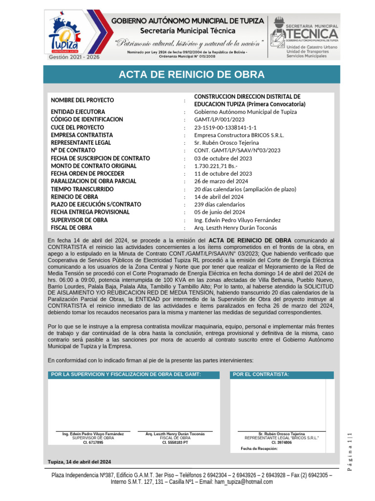 02_ACTA DE REINICIO DE OBRA-2024 | PDF