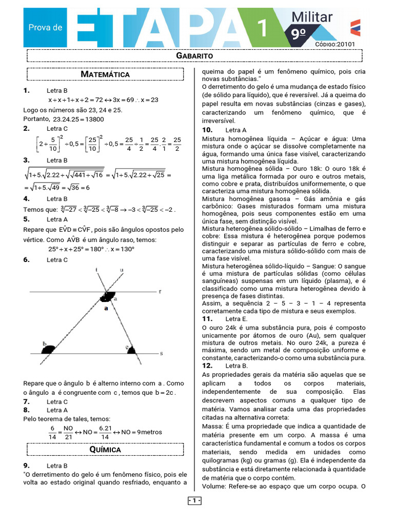 9o Militar p1 Mat Qui Bio Ing Geo Gabarito | PDF | Mistura | Matéria