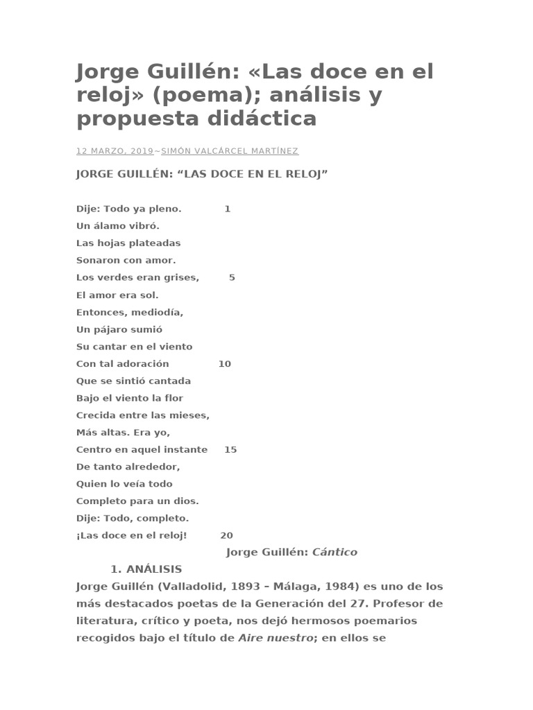 Análisis del poema "Las doce en el reloj" | PDF | Poesía