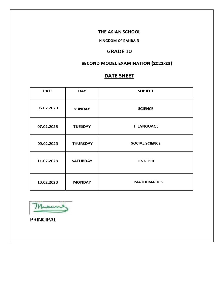 GRADE 10 - SECOND MODEL EXAMINATION 2022-23 - DATE SHEET | PDF