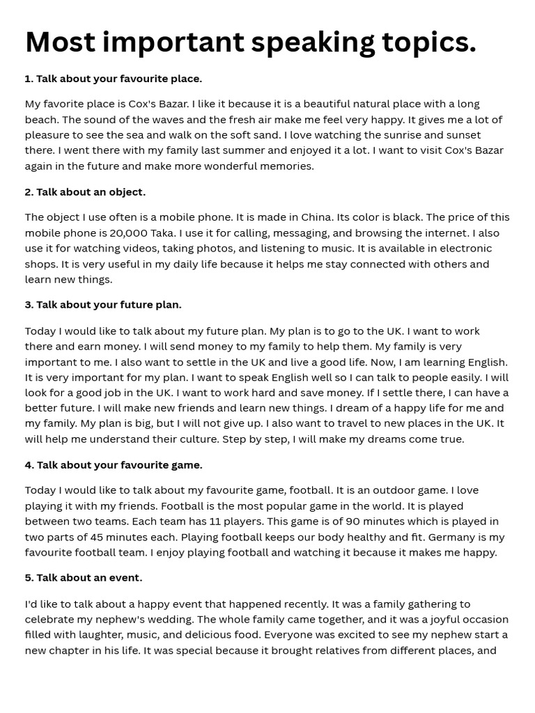 Most Important Speaking Topics. | PDF | Foods