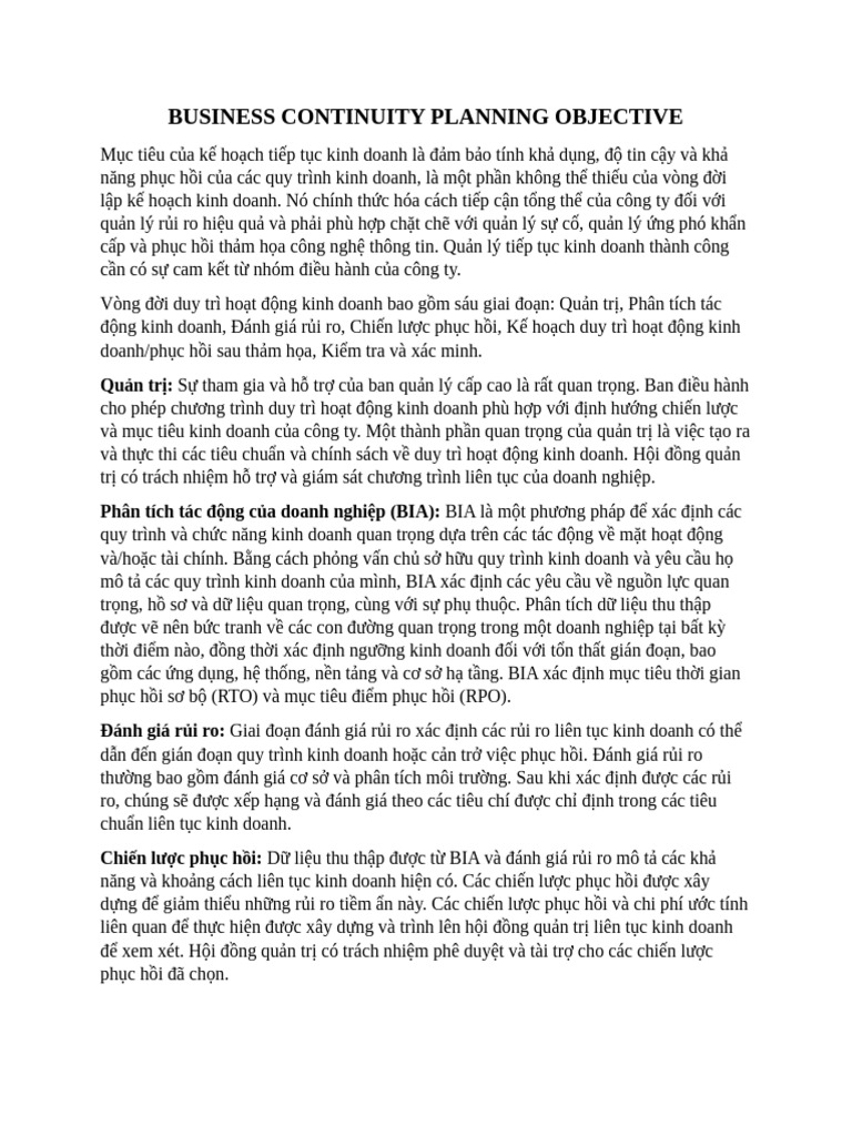 Business Continuity Planning Objective | PDF