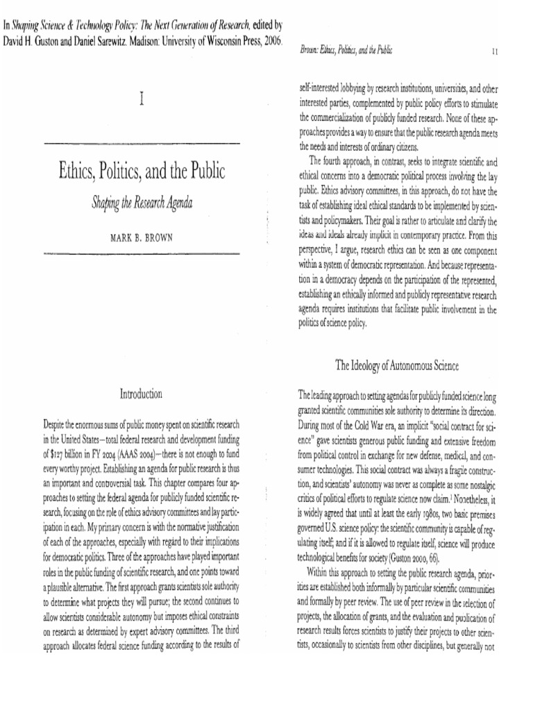 Brown 2006 Ethics Politics and The Public - Shaping The Research Agenda ...