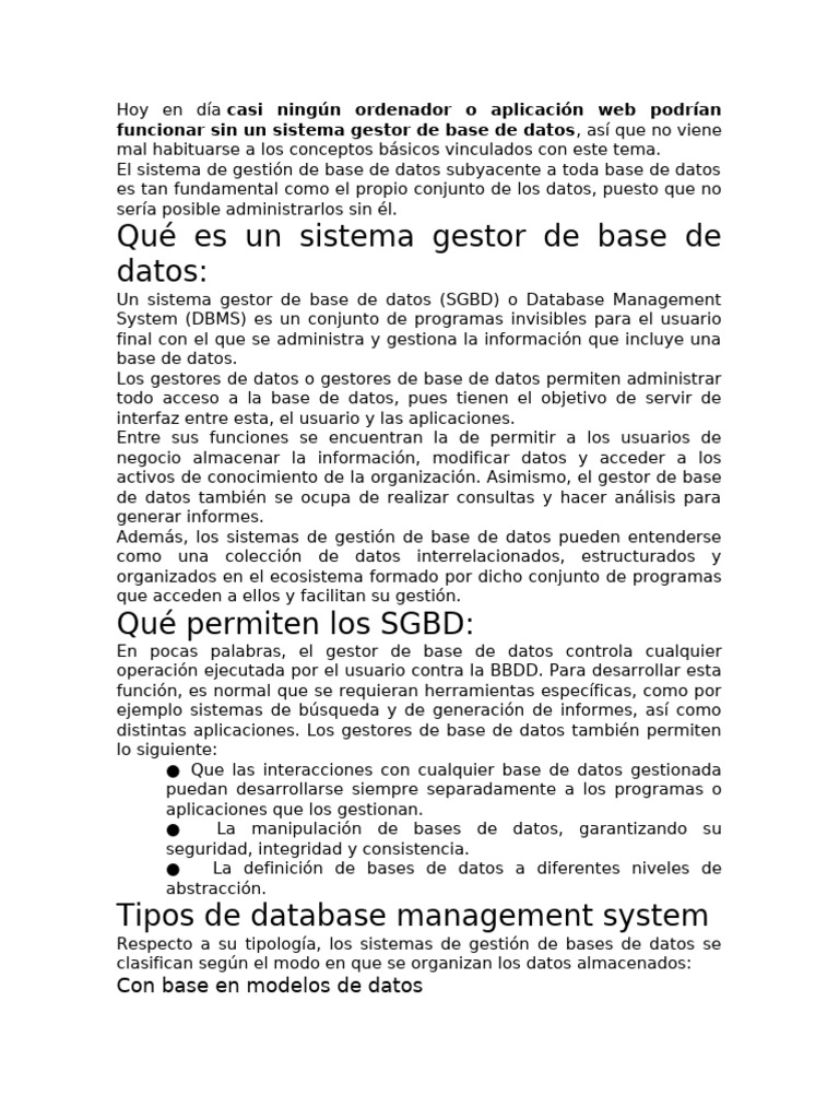 7) Manejadores de bases de datos Definicion, Caracteristicas, Tipos. | PDF | Bases de datos | Datos