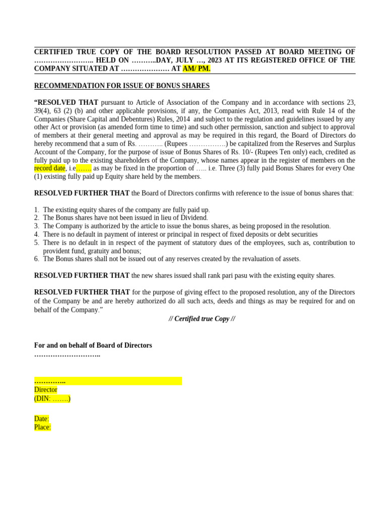 Board Resolution for Bonus Shares | PDF