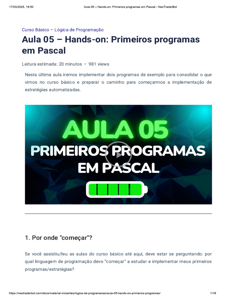 Aula 05 - Hands-On - Primeiros Programas em Pascal - NeoTraderBot | PDF | Compilador | Escopo ...