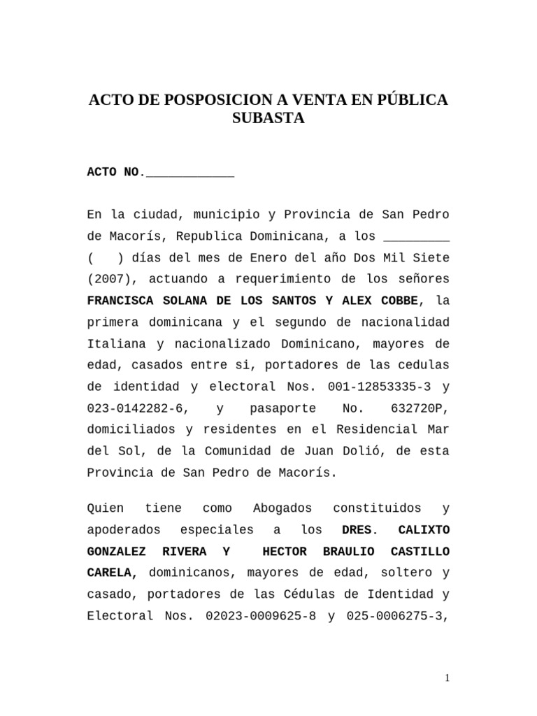 ACTO DE POSPOSICION A VENTA EN PUBLICA SUBASTA DEL DR. CALIXTO No. 2 | PDF