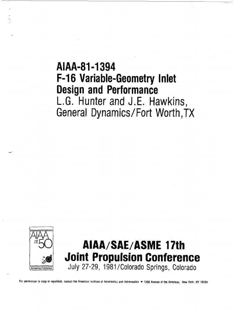 AIAA-81-1394 F-I 6 Varia Ble-Geometry Inlet Design and Performance L.G ...