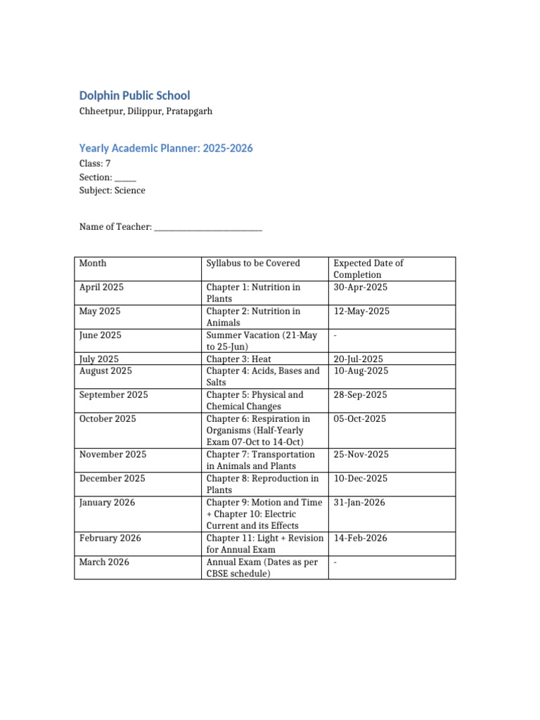 2025-2026 Academic Planner: Class 7 Science | PDF