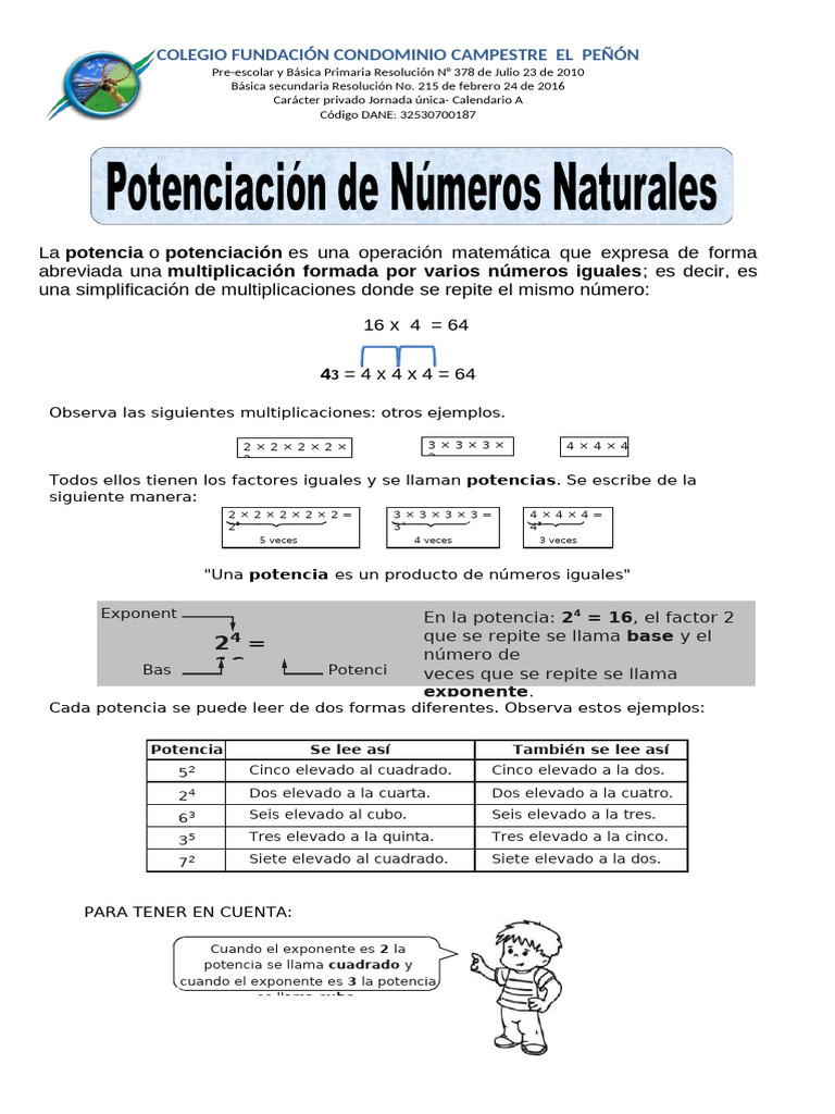 POTENCIACIÓN DE NUMEROS NATURALES | PDF | Exponenciación | Matemática Elemental