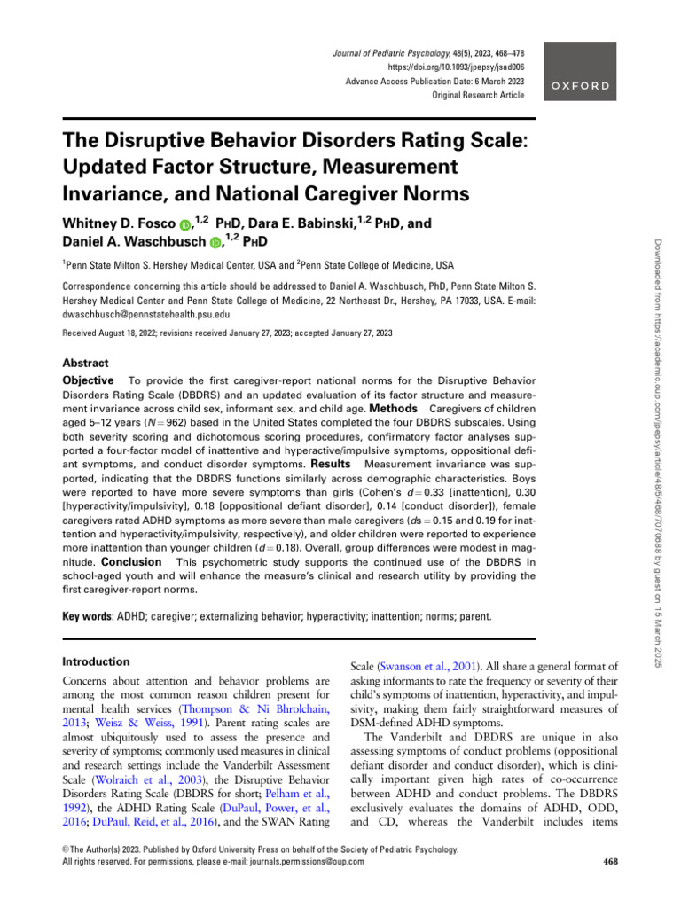 Fosco, W. D., Et Al., The Disruptive Behavior Disorders Rating Scale ...