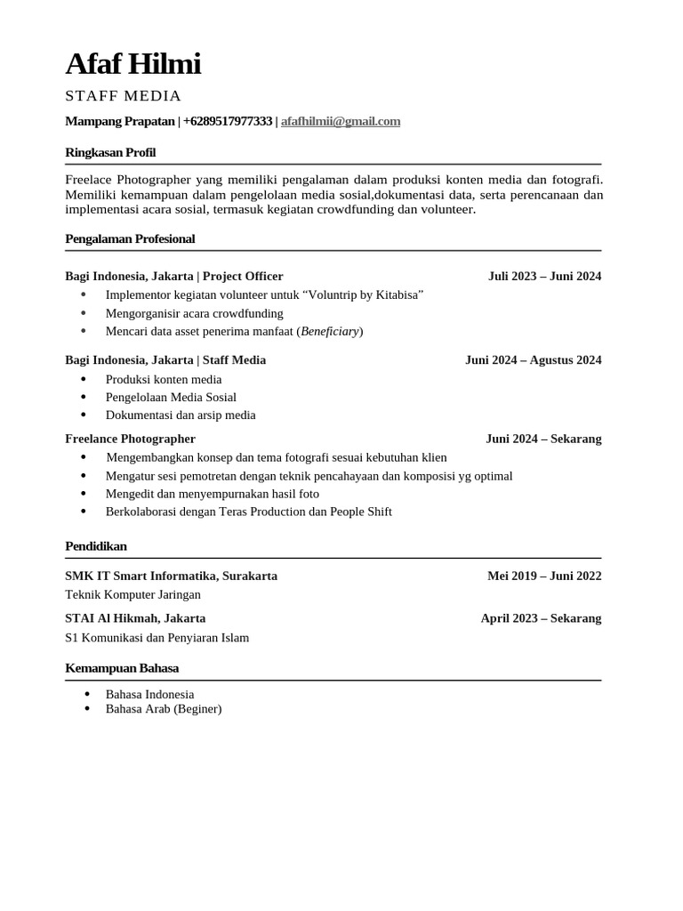 Afaf Hilmi CV (Indonesia) | PDF