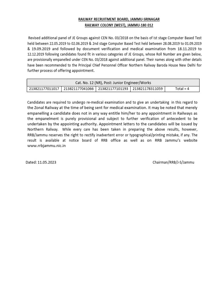 JE Groups Additional Panel RRB Jammu | PDF