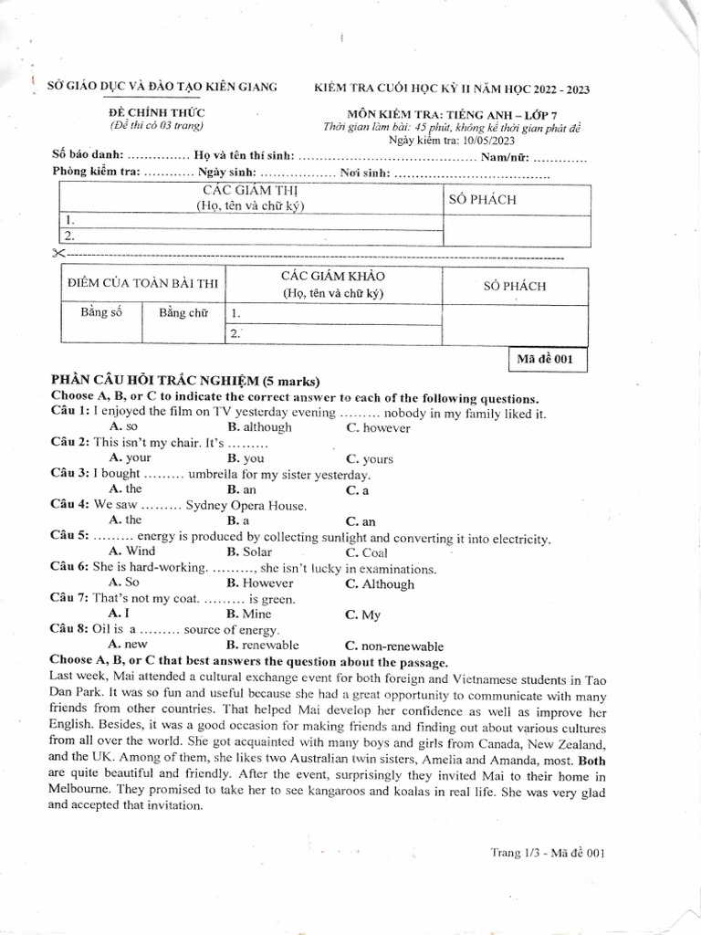 Đề thi HKII English 7 2022 - 2023 | PDF