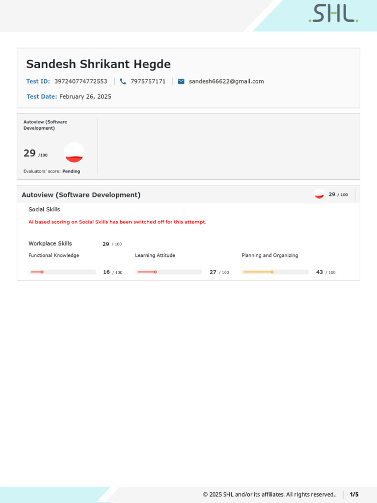 397240774772553 Sandesh Shrikant Hegde AssessmentCenterReport 163 | PDF | Knowledge | Motivational