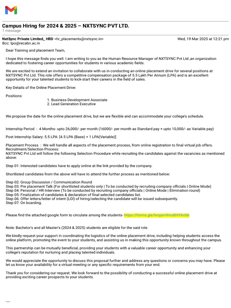 Gmail - Campus Hiring For 2024 & 2025 - NXTSYNC PVT LTD. | PDF | Business