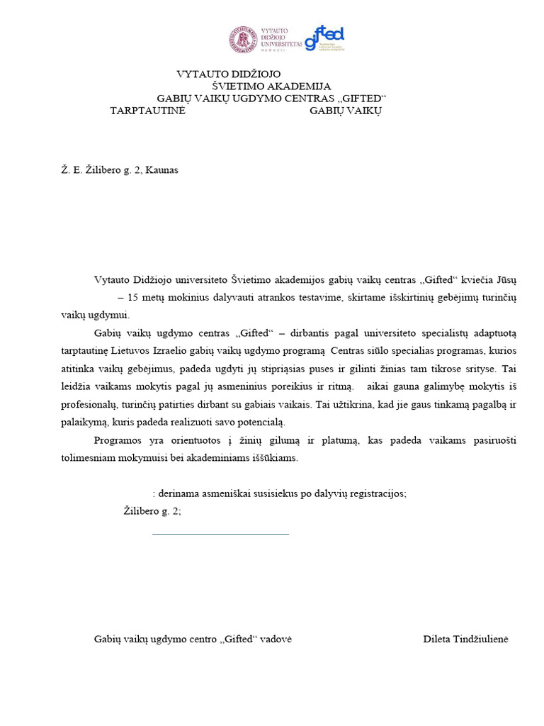 Kvietimas Dalyvauti Atrankoje s Vdu Gifted Gabiu Vaiku Cenro Uzsiemimus ...