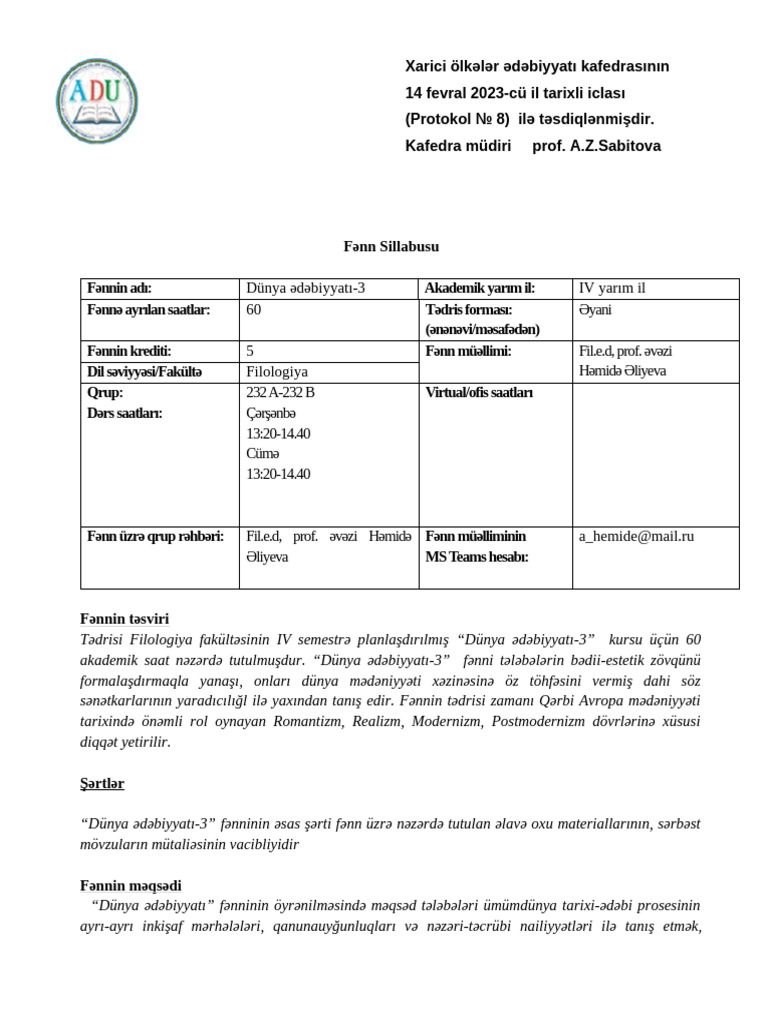 2023 sillabus Dünya ədəbiyyatı 3 | PDF