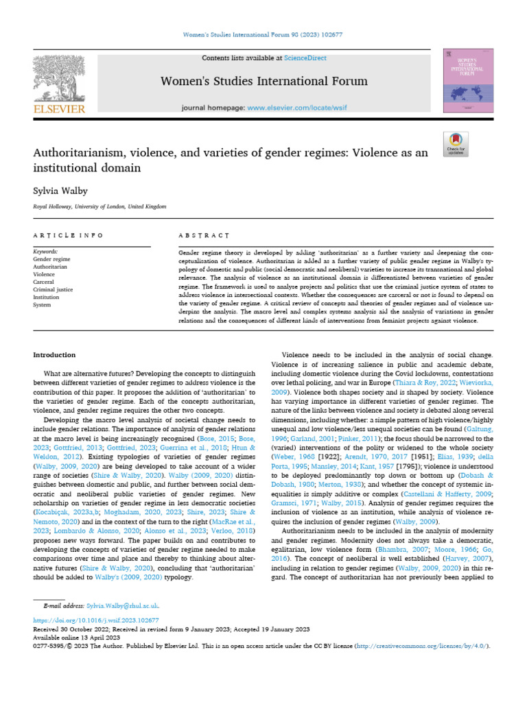 WALBY, Sylvia. Authoritarianism, Violence, and Varieties of Gender ...