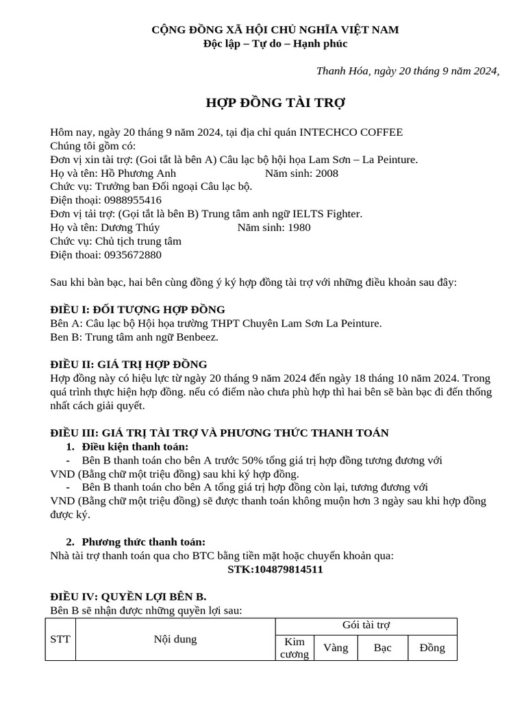 H P Đ NG Tài TR : Thanh Hóa, Ngày 20 Tháng 9 Năm 2024 | PDF