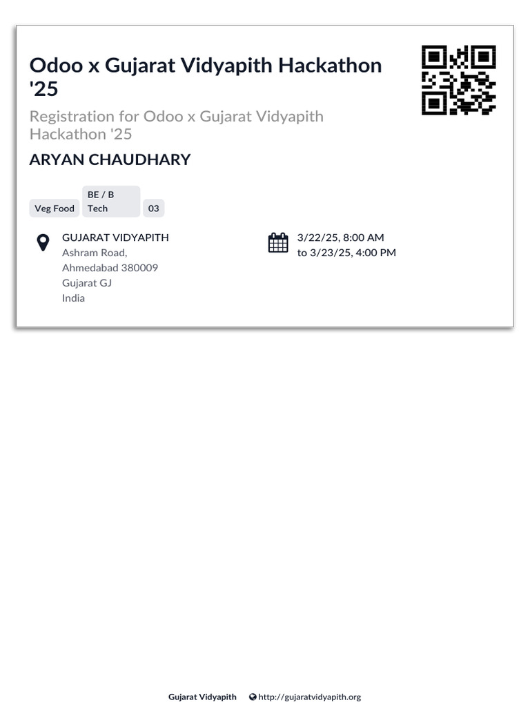 Tickets - Odoo X Gujarat Vidyapith Hackathon '25 (Mar 22, 2025, 8 - 00 - 00 AM) | PDF
