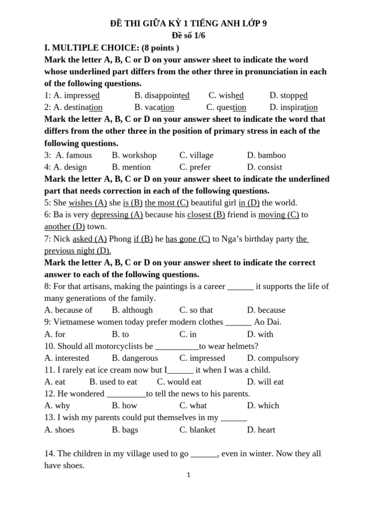 Bo 6 de Thi Giua Ki 1 Lop 9 Mon Tieng Anh | PDF | Jeans