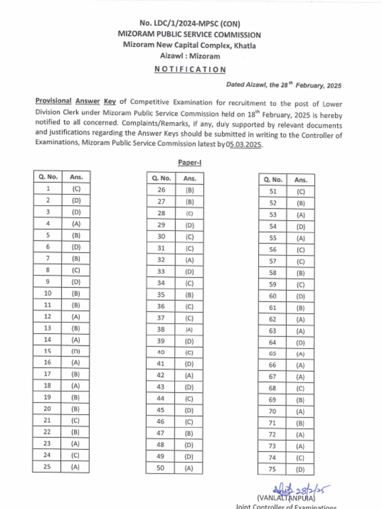 Provisional Answer Key for Ldc Under Mpsc | PDF
