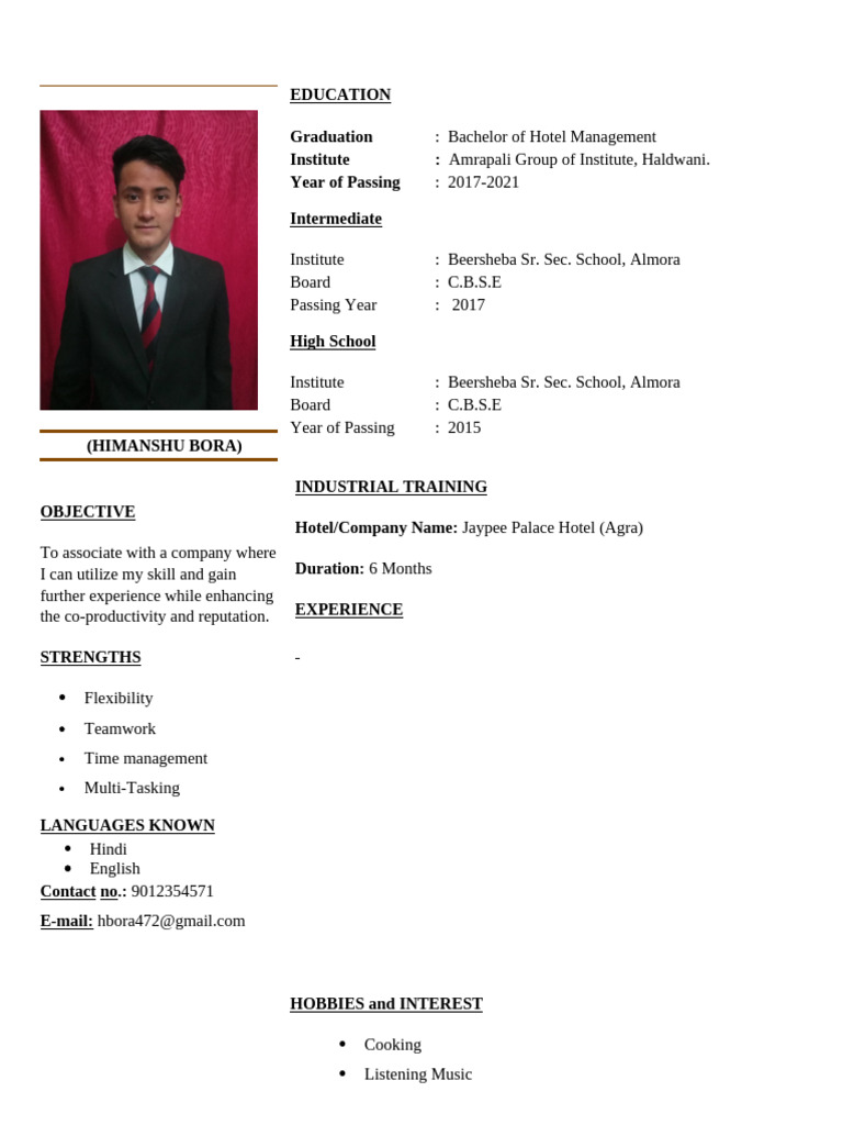 Himanshu Bora: Hotel Management Profile | PDF