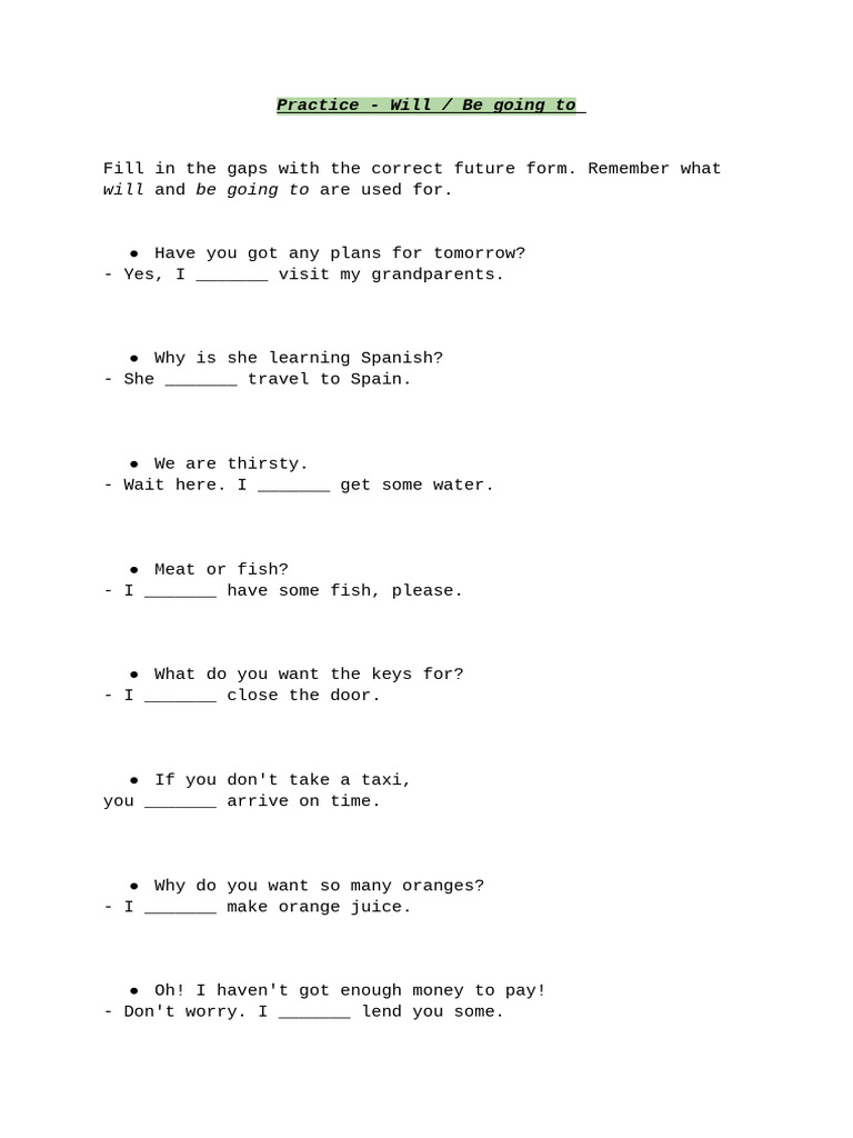 Future Tense Practice: Will vs. Going To | PDF