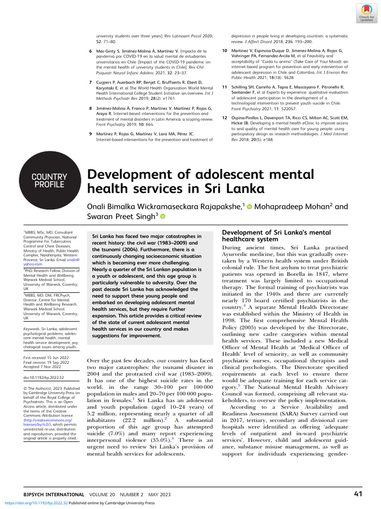 Development of Adolescent Mental Health Services in Sri Lanka | PDF ...