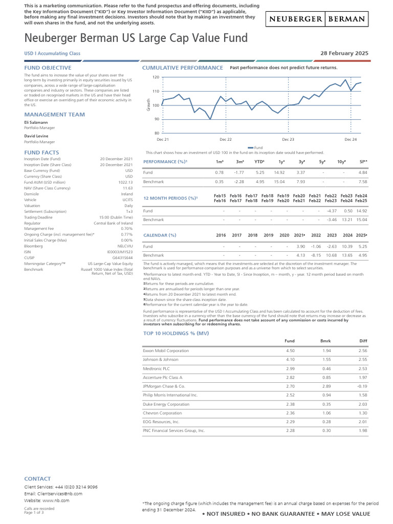 US Large Cap Value Fund - Factsheet | PDF | Investment Fund | Investing