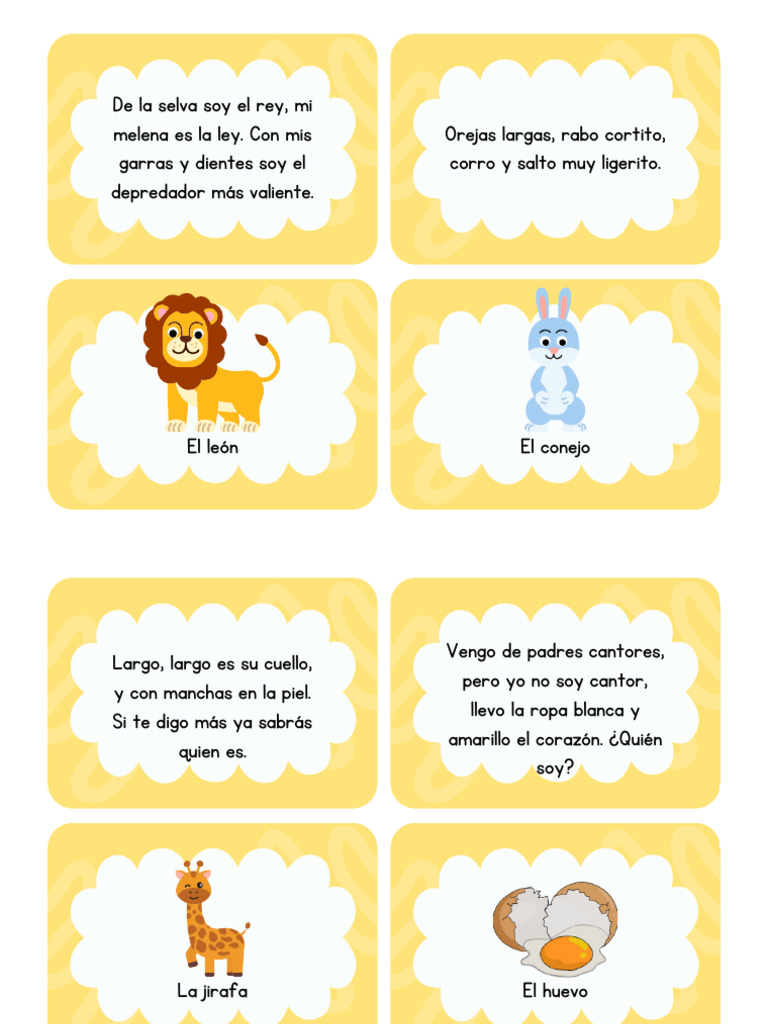 Tarjetas Educativas de Adivinanzas de Animales Ilustrado Amarillo | PDF