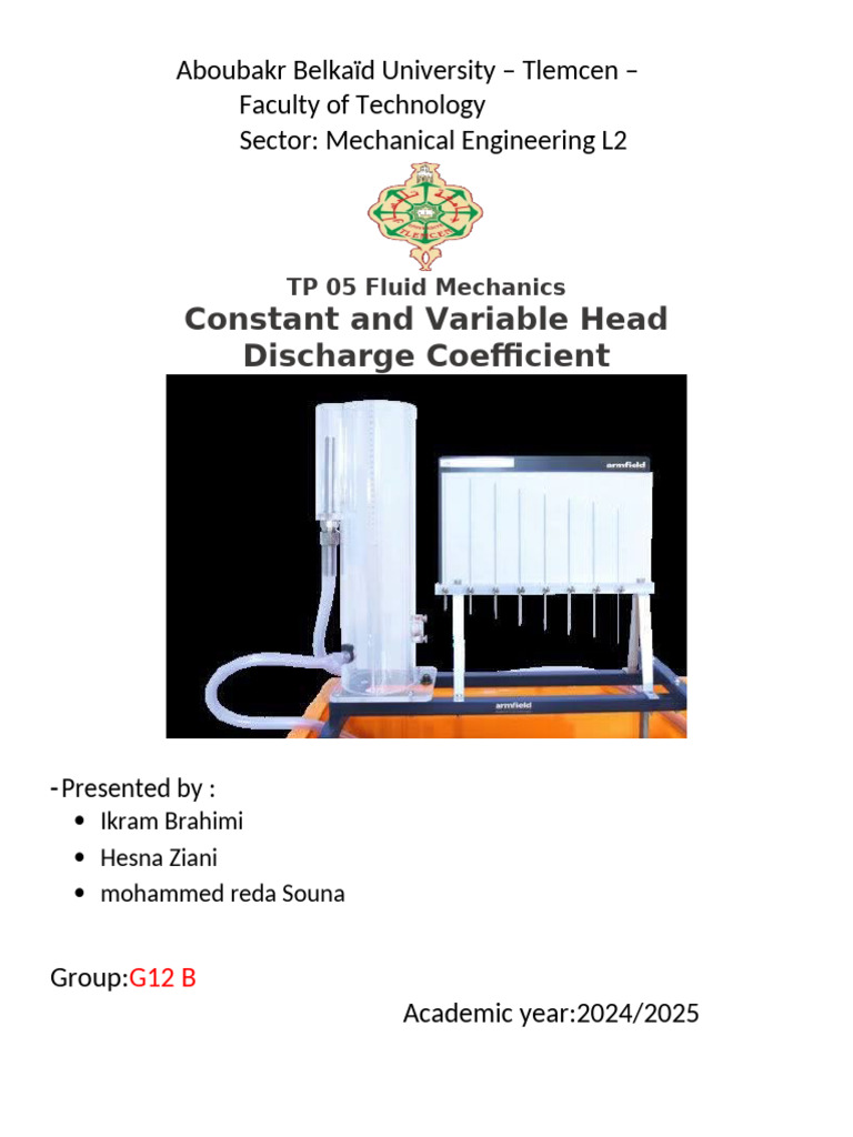 TP (05) Constant and Variable Head | PDF | Fluid Dynamics | Fluid Mechanics