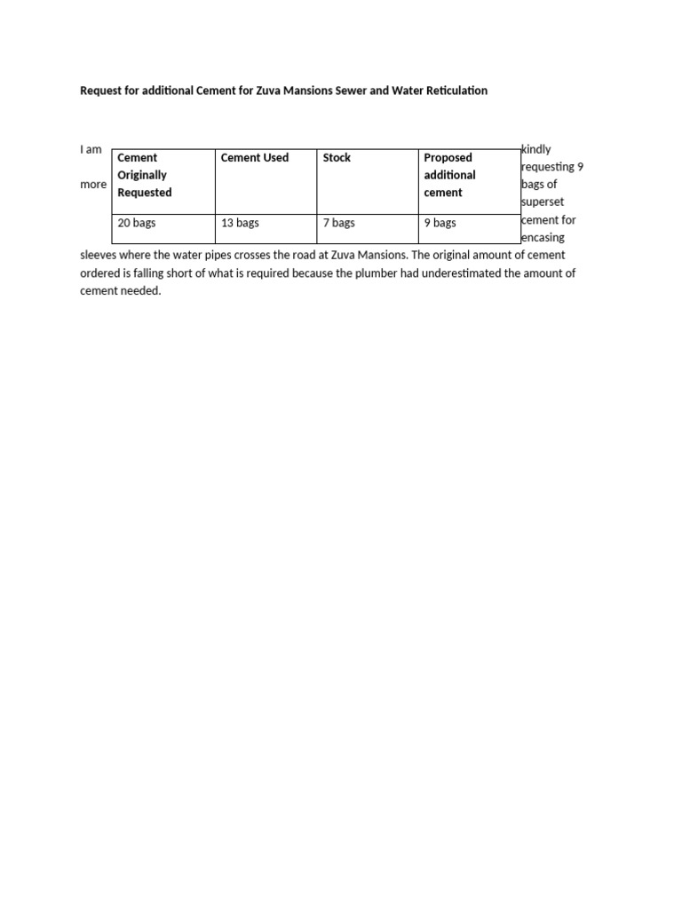 Request For Additional Cement For Zuva Mansions Water and Sewer Reticulation | PDF